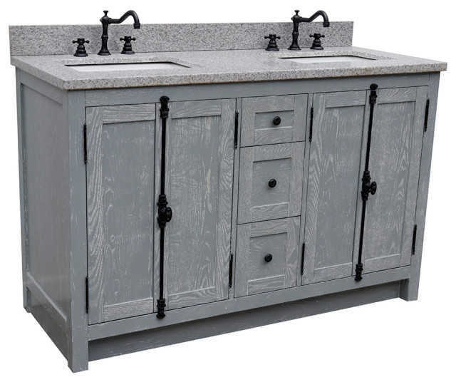 55" Double vanity in Gray Ash finish,Black Galaxy granite top ...
