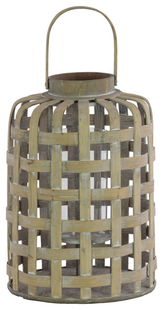 Wood Round Lantern, Lines Latice Design Body, Handle, Tan, Small ...