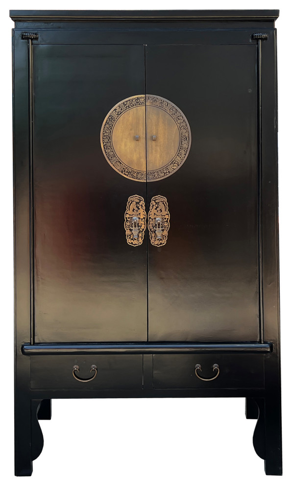 Chinese Oriental Black Moon Face Tall Wedding Armoire Wardrobe Cabinet ...