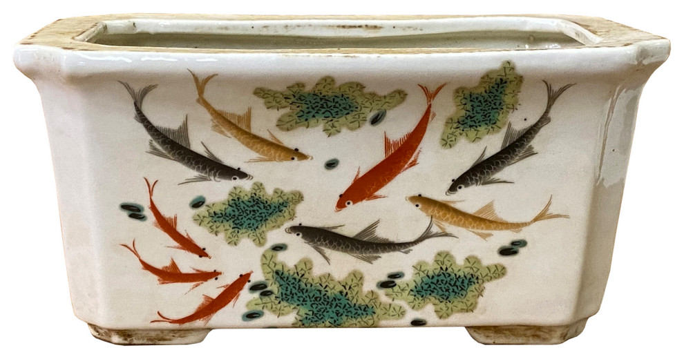 Distressed Off White Porcelain Koi Fishes Rectangular Planter Pot ...