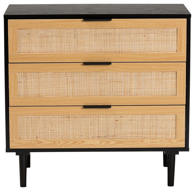 Mid-Century Modern Espresso Brown Wood and Rattan 3-Drawer Dresser ...