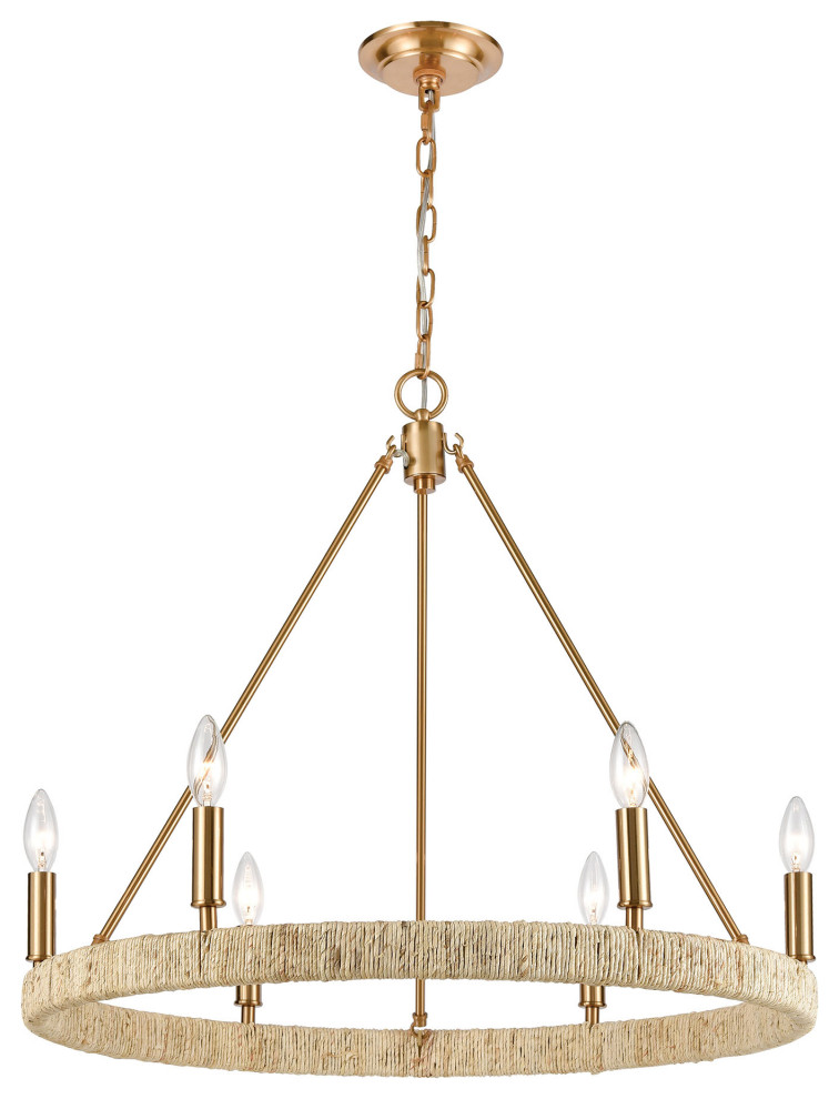 Abaca 6-Light Chandelier, Satin Brass With Abaca Rope Accents - Beach ...