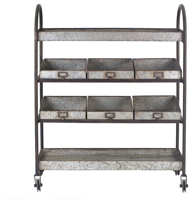 Metal 4 Tier Cart on Casters With 2 Open Shelves and 6 Bins - Utility ...