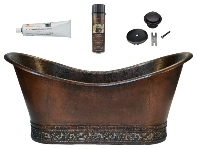 67" Hammered Copper Double Slipper Bathtub, Scroll Base, Nickel Inlay ...