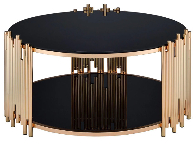 Modern Glam Coffee Table with Black Glass Top and Gold Frame, Round ...
