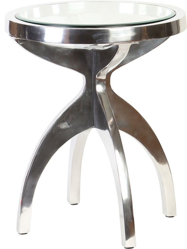 Round Metal Accent Table In Polished Nickel Finish With Glass Top ...