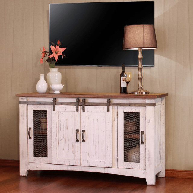 60" White Solid Wood Cabinet Enclosed Storage Distressed TV Stand ...