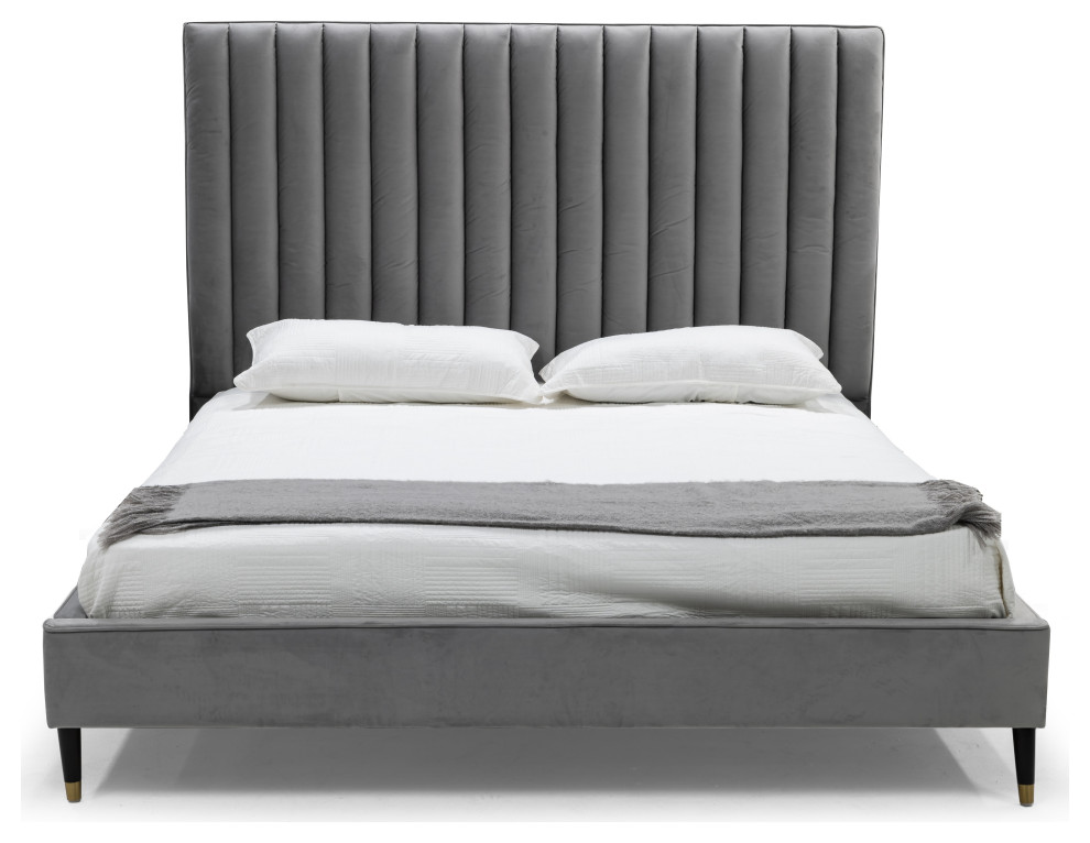 Modrest Hemlock Modern Light Grey Velvet Bed - Midcentury - Platform ...