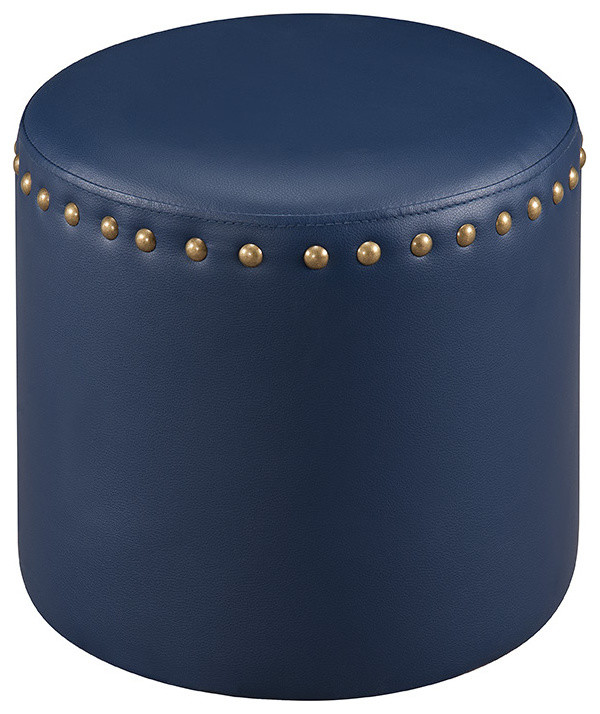 Nailhead Trim Upholstered Round Stool Ottoman Transitional