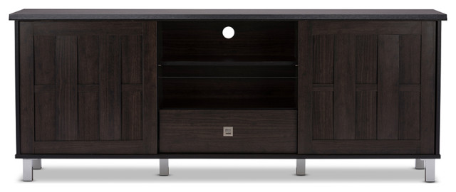 Unna 70" Dark Brown Wood TV Cabinet With 2 Sliding Doors and Drawer ...