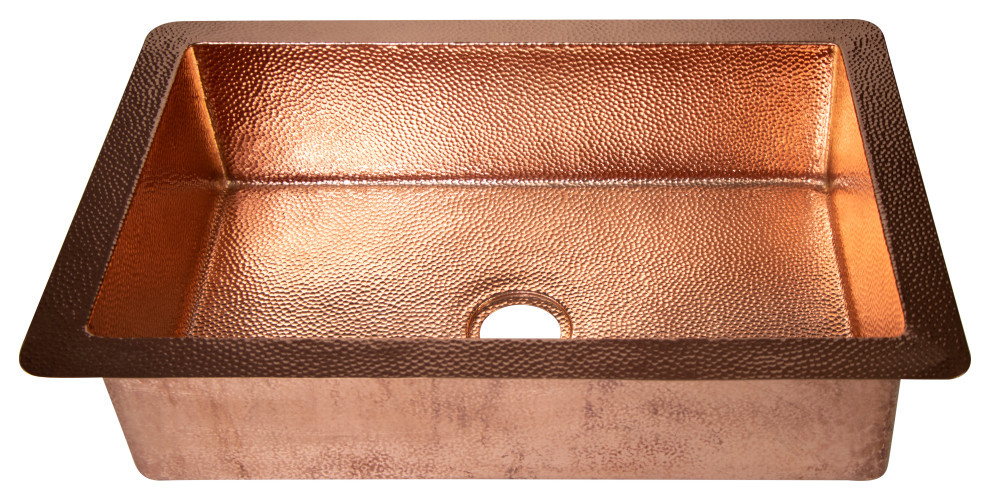 33" Drop-in Single Bowl Hammered Copper Kitchen Sink, 16 Gauge ...