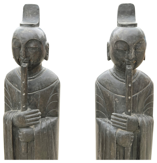 Pair Chinese Black Gray Stone Standing Zen Harmony Decor Statues ...