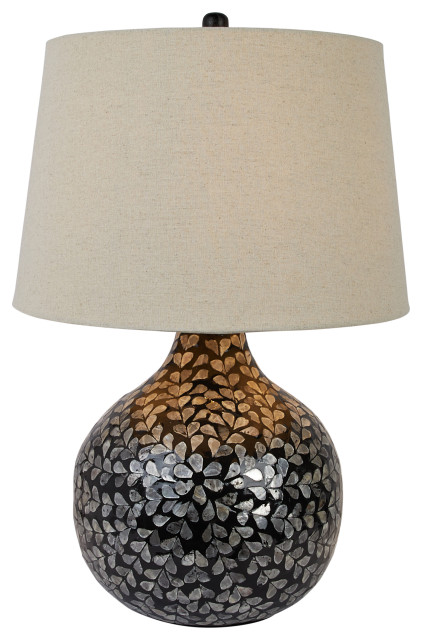 Capiz Sphere Table Lamp With Floral Design and Linen Shade, Multicolor ...