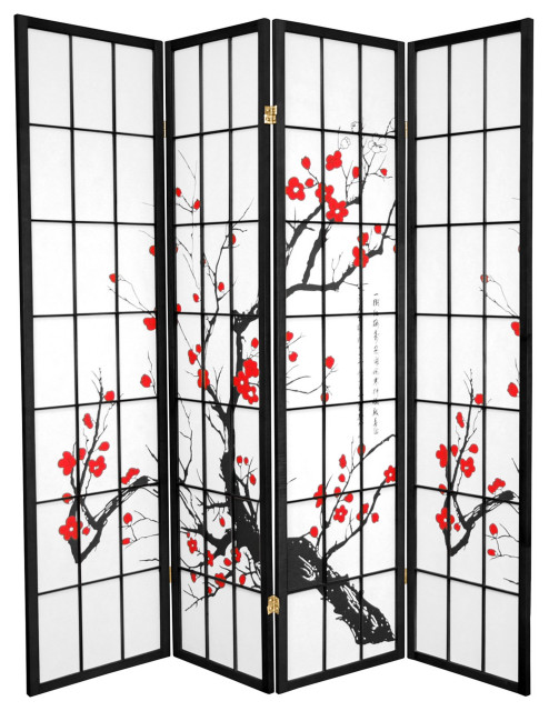 Classic Room Divider, Paper Screens With Cherry Tree Painting, Black ...