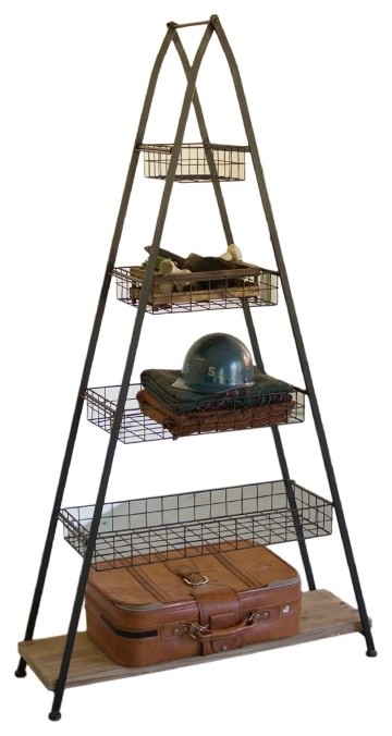A FRAME TOWER WITH WIRE BASKETS AND WOODEN SHELF - Industrial - Display ...