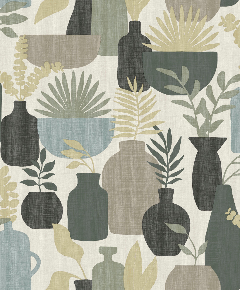 Vases with Plants Textured Double Roll Wallpaper - Traditional ...