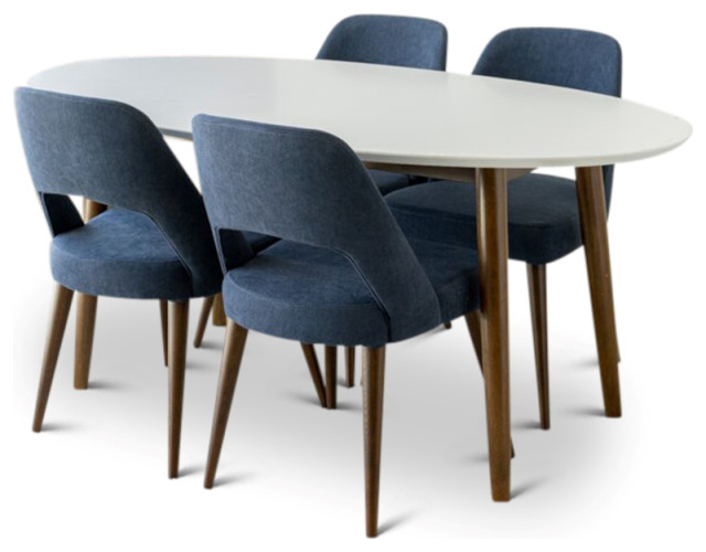 Kylie 5-Piece Mid-Century Oval Dining Set w/ 4 Fabric Dining Chairs in ...