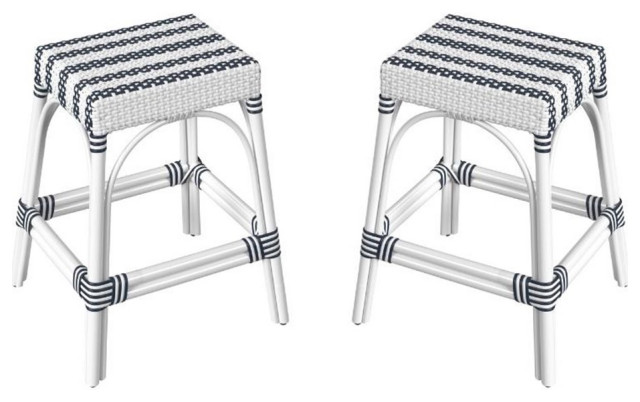 Home Square 24.5" Rattan Counter Stool in White & Navy Stripe - Set of ...