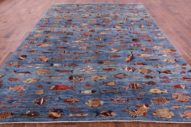 Handmade Gabbeh Fish Design Wool Rug 9' 0" X 11' 9" - Q20404, 9' 0" X ...