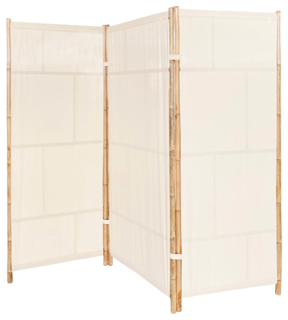 Handcrafted Bamboo 3-Panel Room Divider Privacy Screen, Ecru Fabric ...