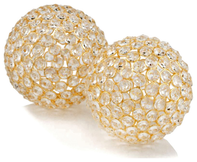 Set Of Two 5" Gold And Faux Crystal Bling Spheres - Contemporary ...