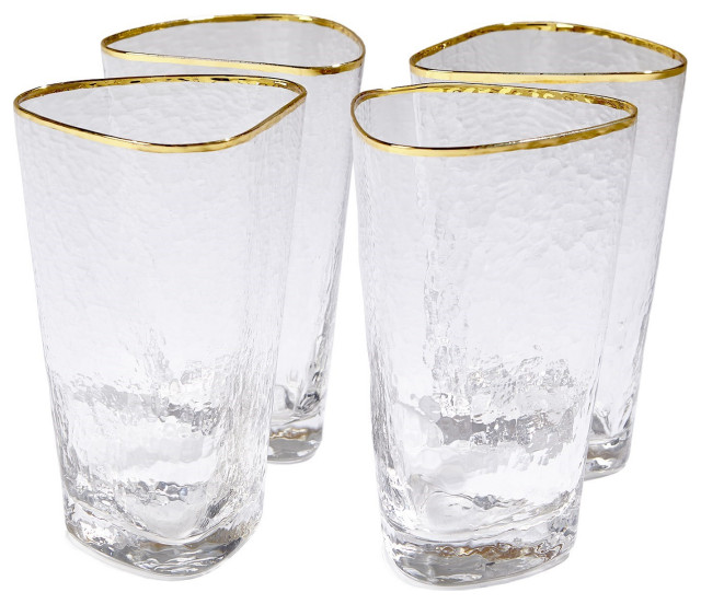 Elegant Hammered Art Drinking Glass Set of 4 Highball Gold Rim Modern ...