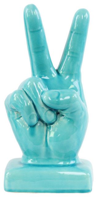 "Peace" Hand Sign Ceramic Sculpture on Base, Cyan Blue - Contemporary ...