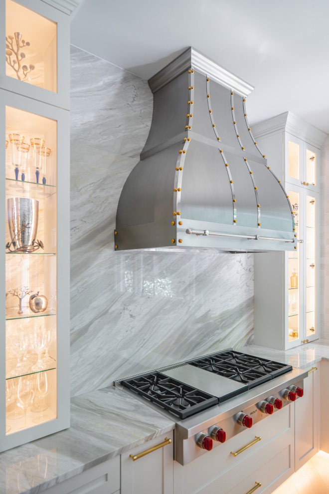 Transitional Kitchen Remodel with Quartzite Island and Brass Details ...