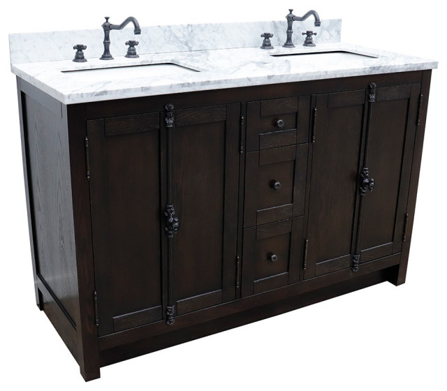 55" Double Vanity, Brown Ash Finish With White Carrara Top ...