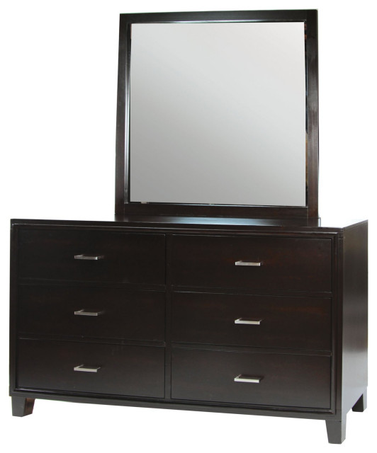 Contemporary Double Dresser With Mirror, 6 Storage Drawers & Bar Pulls ...