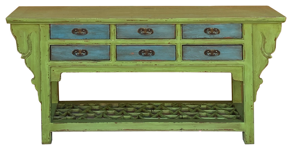 Distressed Lime Green 6 Blue Drawers Pedestal Sideboard Console Cabinet ...