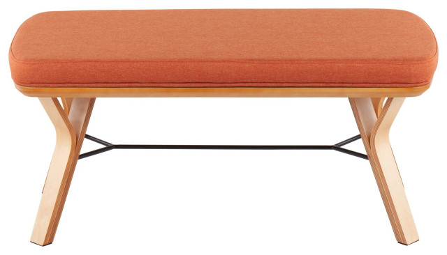 Folia Mid-Century Modern Bench, Natural Wood/Orange Fabric - Midcentury ...