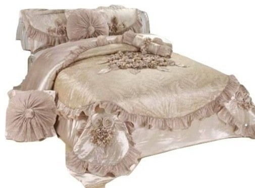6-Piece Creme Sweet Victorian Satin Comforter Set, California King ...