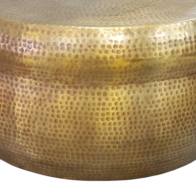 32" Drum Coffee Table Hammered Embossed Aluminum Antique Brass Finish ...