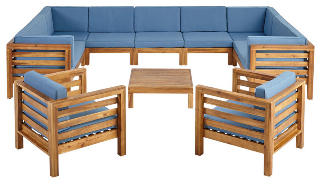 Emma Outdoor 11 Seater Acacia Wood Sectional Sofa and Club Chair Set ...