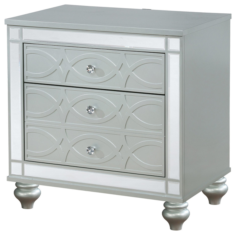 Glam 3 Drawers Nightstand with Dual USB Port, Silver - Traditional ...