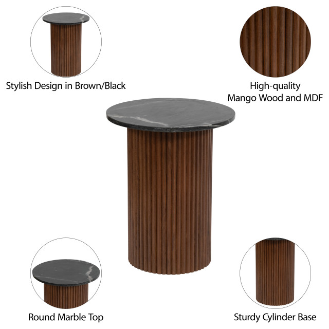 Wood/Marble, 22"H Reeded, Side Table, Brown/Black, 18x18x22 inches ...