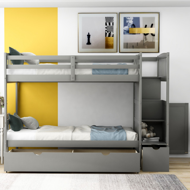TATEUS Twin over Full/Twin Bunk Bed, Convertible Bottom Bed, White ...