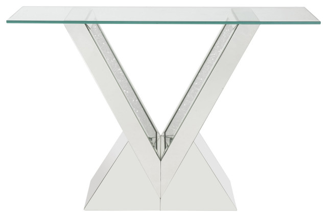 Unique Console Table, Mirrored V-Shaped Design With Faux Diamond Accent ...