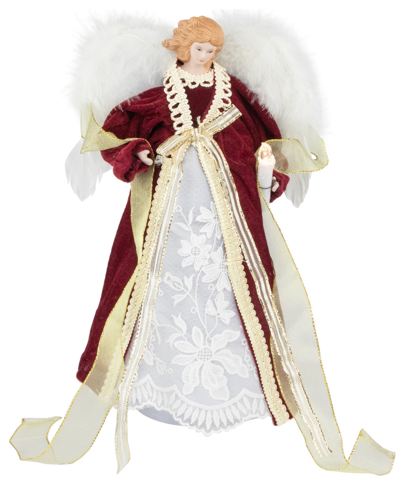 14" Burgundy Angel with Lighted Candle Christmas Tree Topper - Modern ...