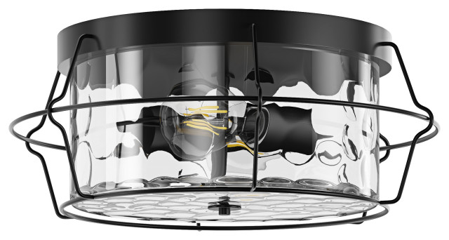 Farmhouse Matte Black 2-Light Water Ripple Glass Ceiling Light ...
