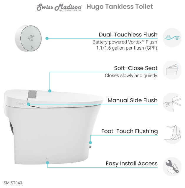 Hugo Smart One-Piece Elongated Toilet, Touchless Dual-Flush 1.1/1.6 GPF ...