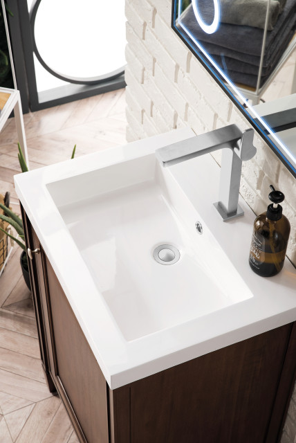 24" Single Vanity Vanity Mid Century Acacia W/ White Glossy Countertop ...