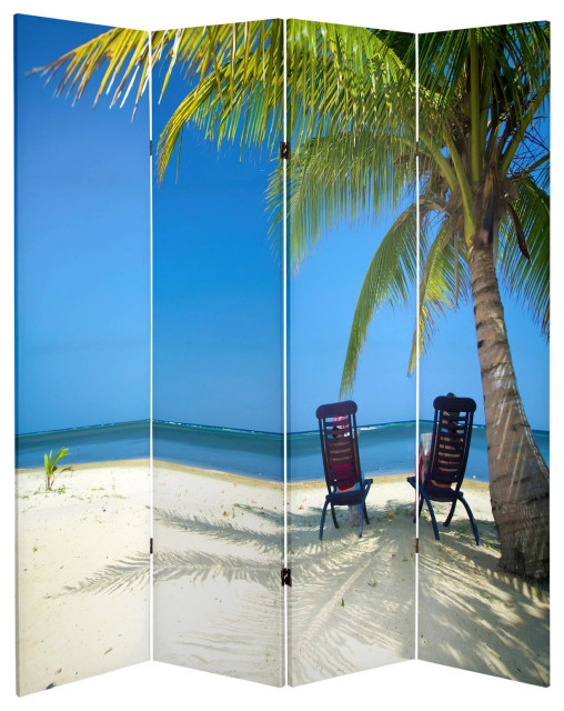Tall 4 Panels Room Divider, Spruce Wood Frame With Unique Beach Motif ...