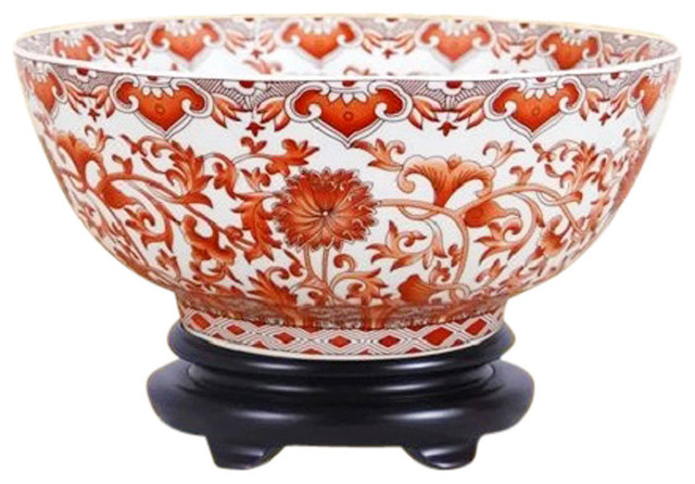 Vintage Style Orange/Coral and White Porcelain Bowl 12" - Traditional ...
