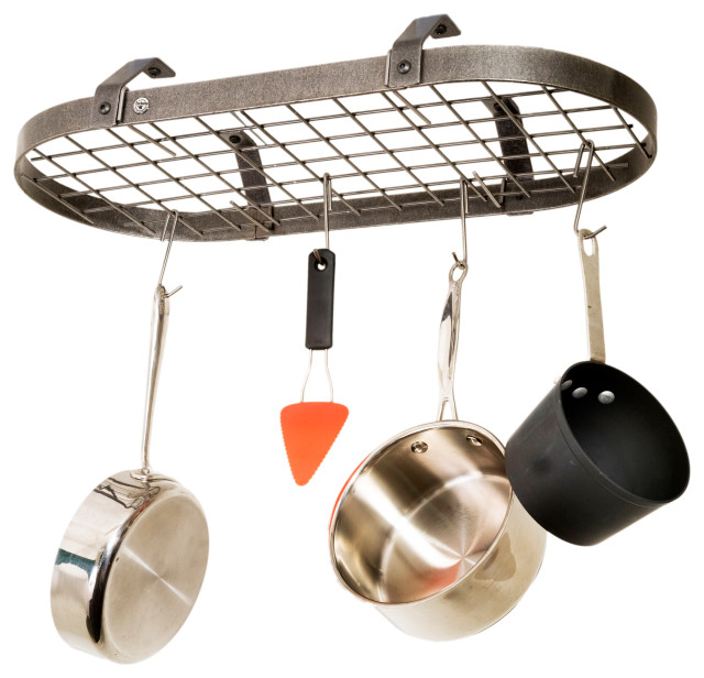 Handcrafted Low-Ceiling Classic Oval Pot Rack w 12 Hooks Hammered Steel ...