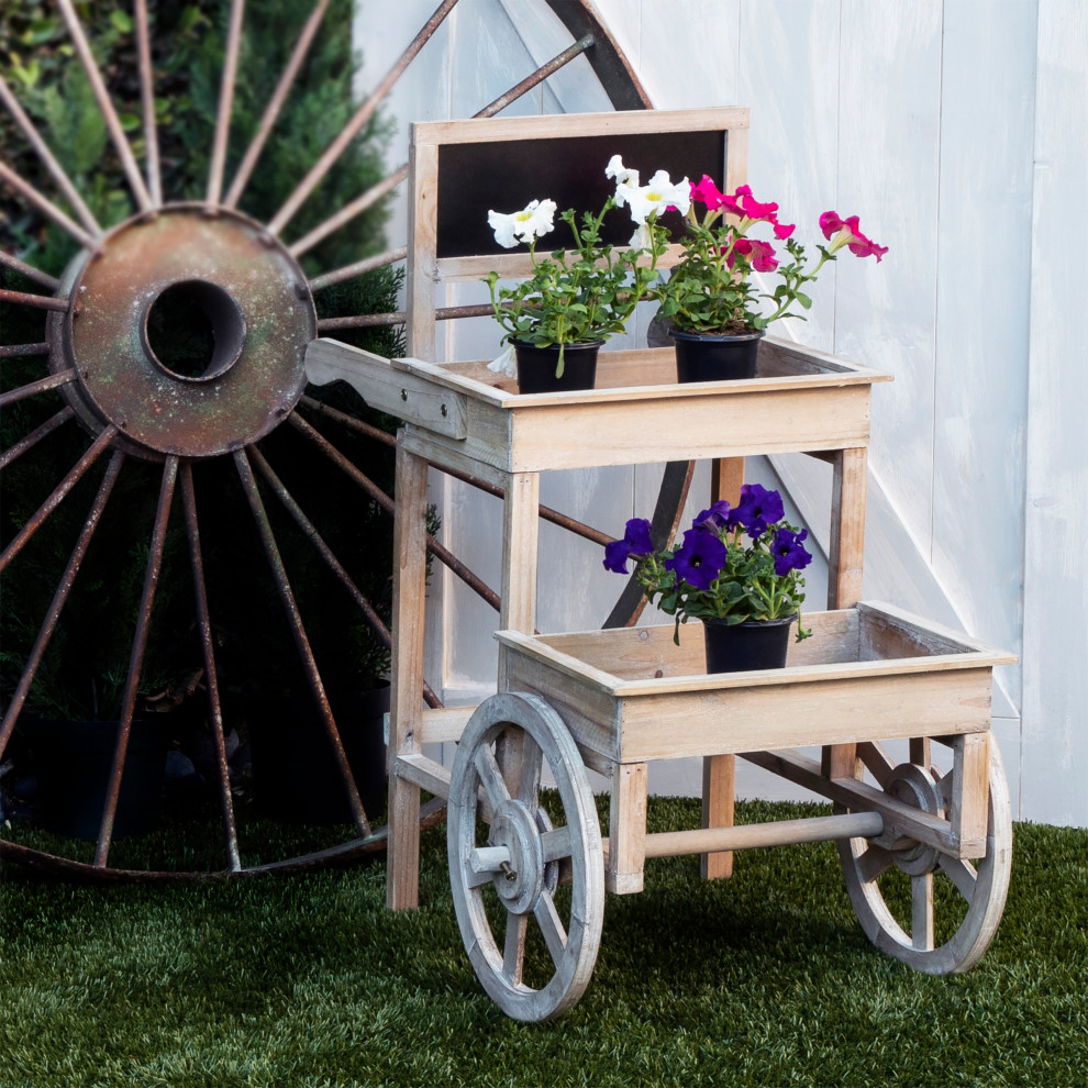 Alpine Wooden Cart Plant and Display Stand With Chalkboard, 34"Tall ...