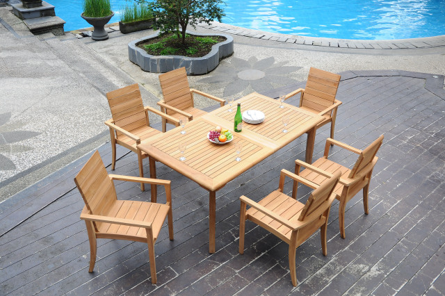 7-Piece Outdoor Teak Dining Set: 94" Rectangle Table, 6 Alps Stacking ...