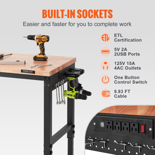 VEVOR Adjustable Height Workbench 72"L x 25"W Table With Power Outlets ...
