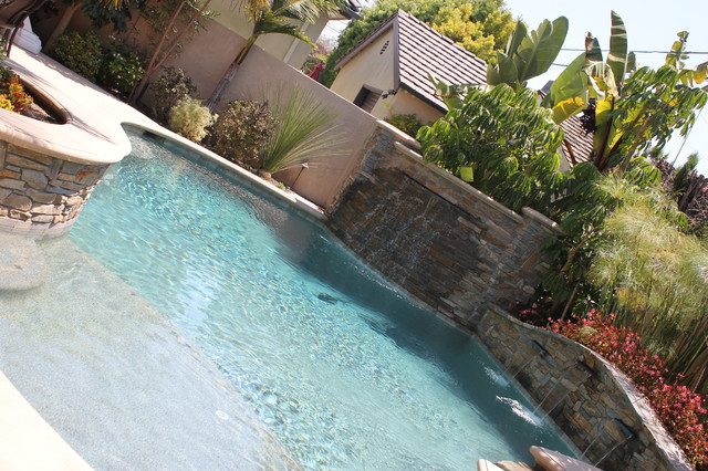 Pool and Spa - Stacked Stone Wall Water Features